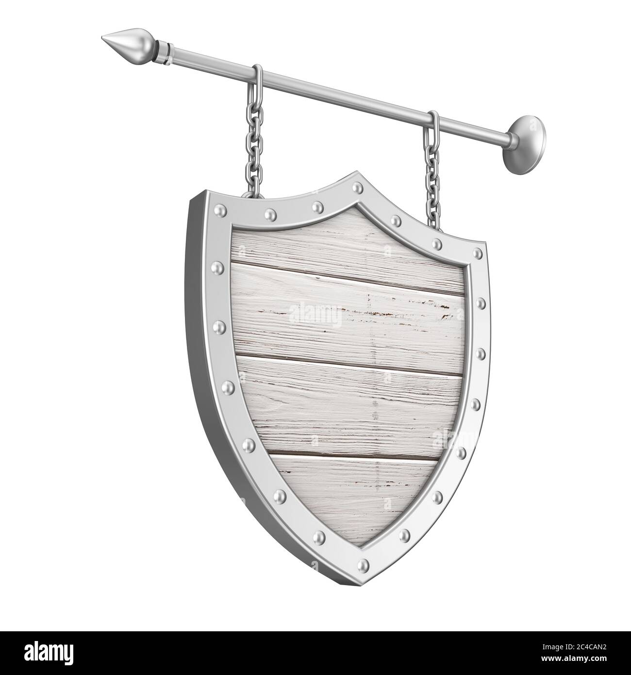 Shield Shaped Rusty Wooden Signboard with Chains on a white background ...