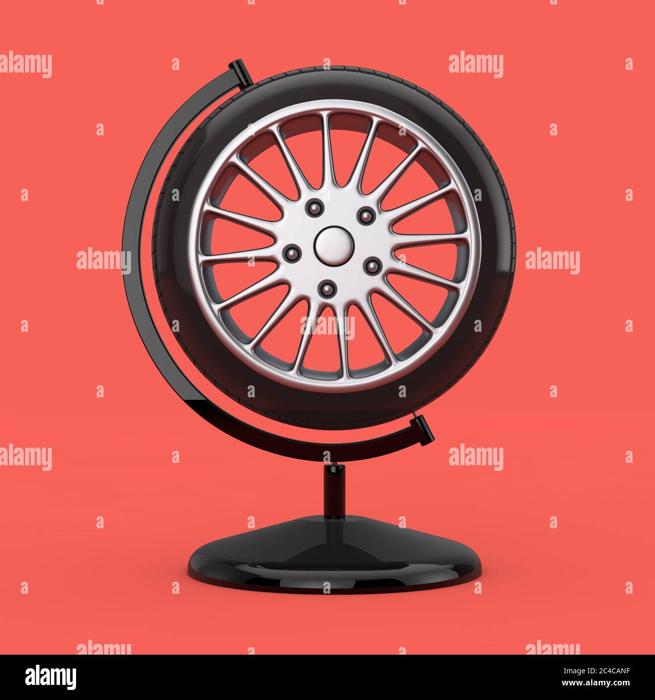 Car Tire Wheel in the Shape of Earth Globe on a red background. 3d ...