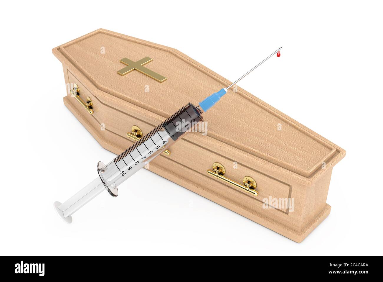 Narcotic Drugs Syringe near Wooden Coffin With Golden Cross and Handles ...