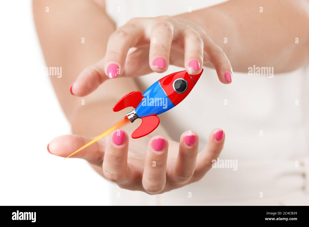 Two Woman Hands Protecting Modern Cartoon Rocket on a white background ...
