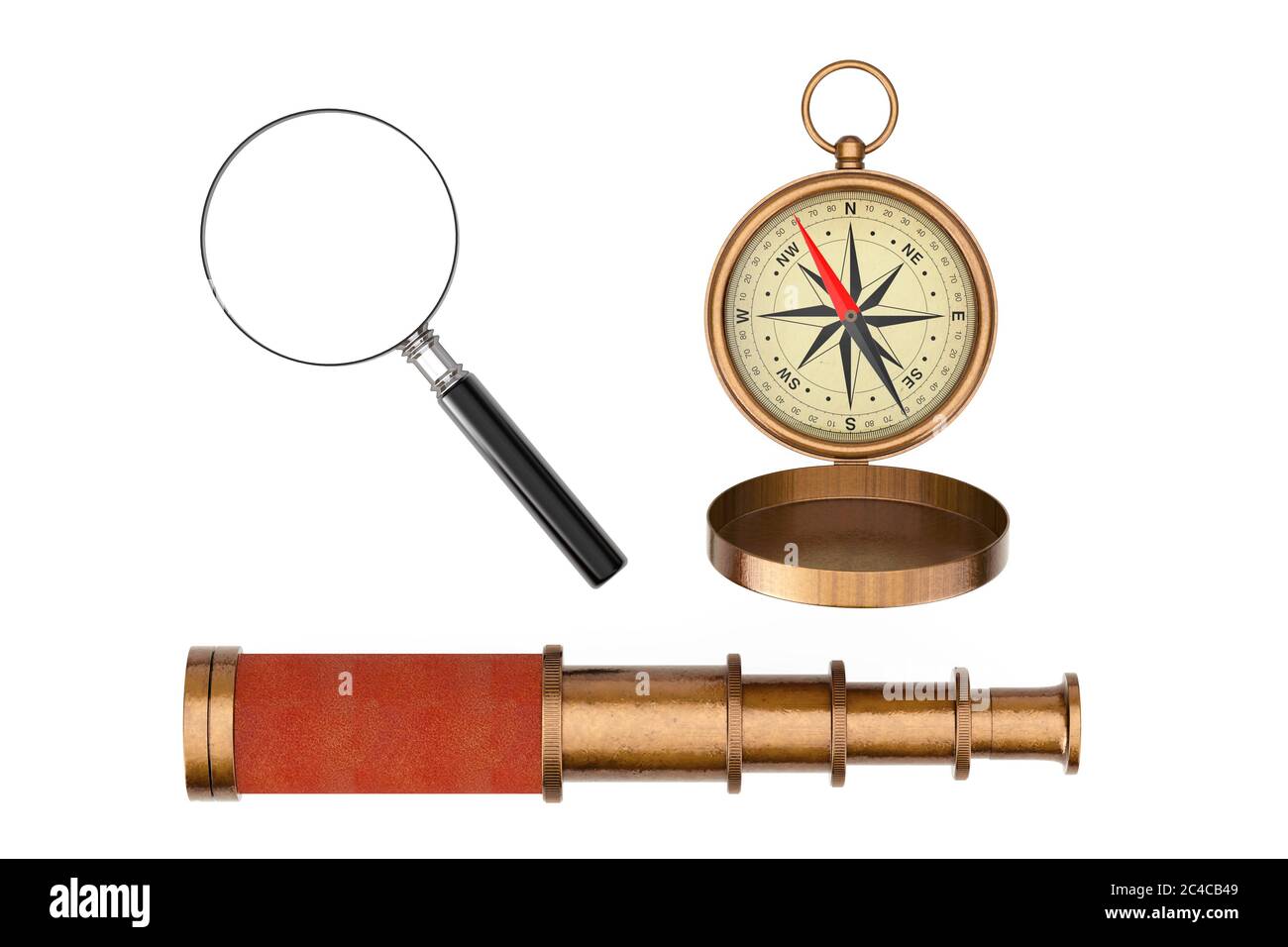 Antique Vintage Brass Compass, Telescope Spyglass and Magnifying Glass ...