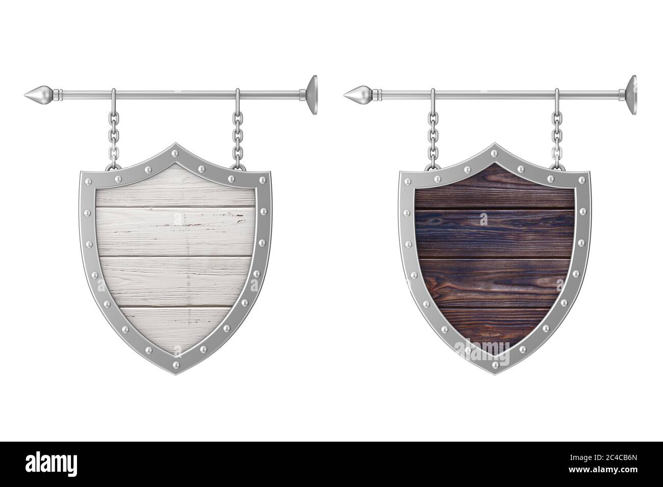 Shield Shaped Rusty Wooden Signboard with Chains on a white background ...