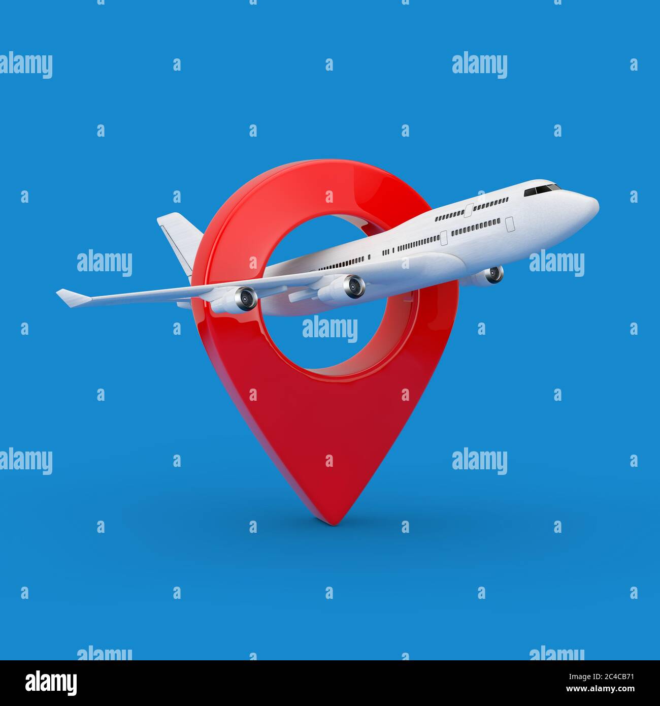 White Jet Passenger's Airplane with Target Pin Map Pointer on a blue ...