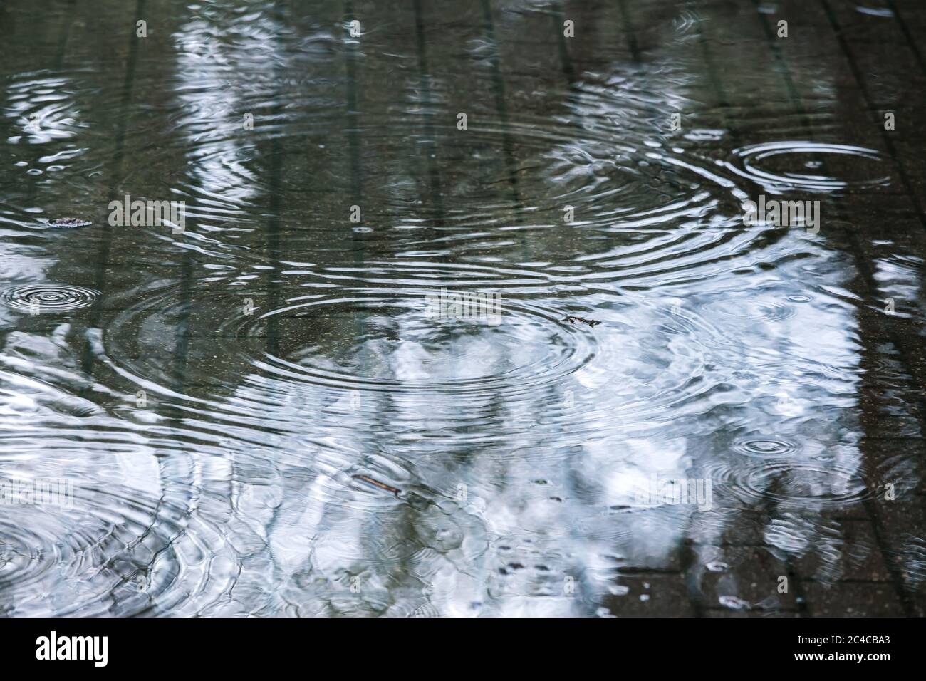 flooded pavement after heavy rain with circles from raindrops on water ...