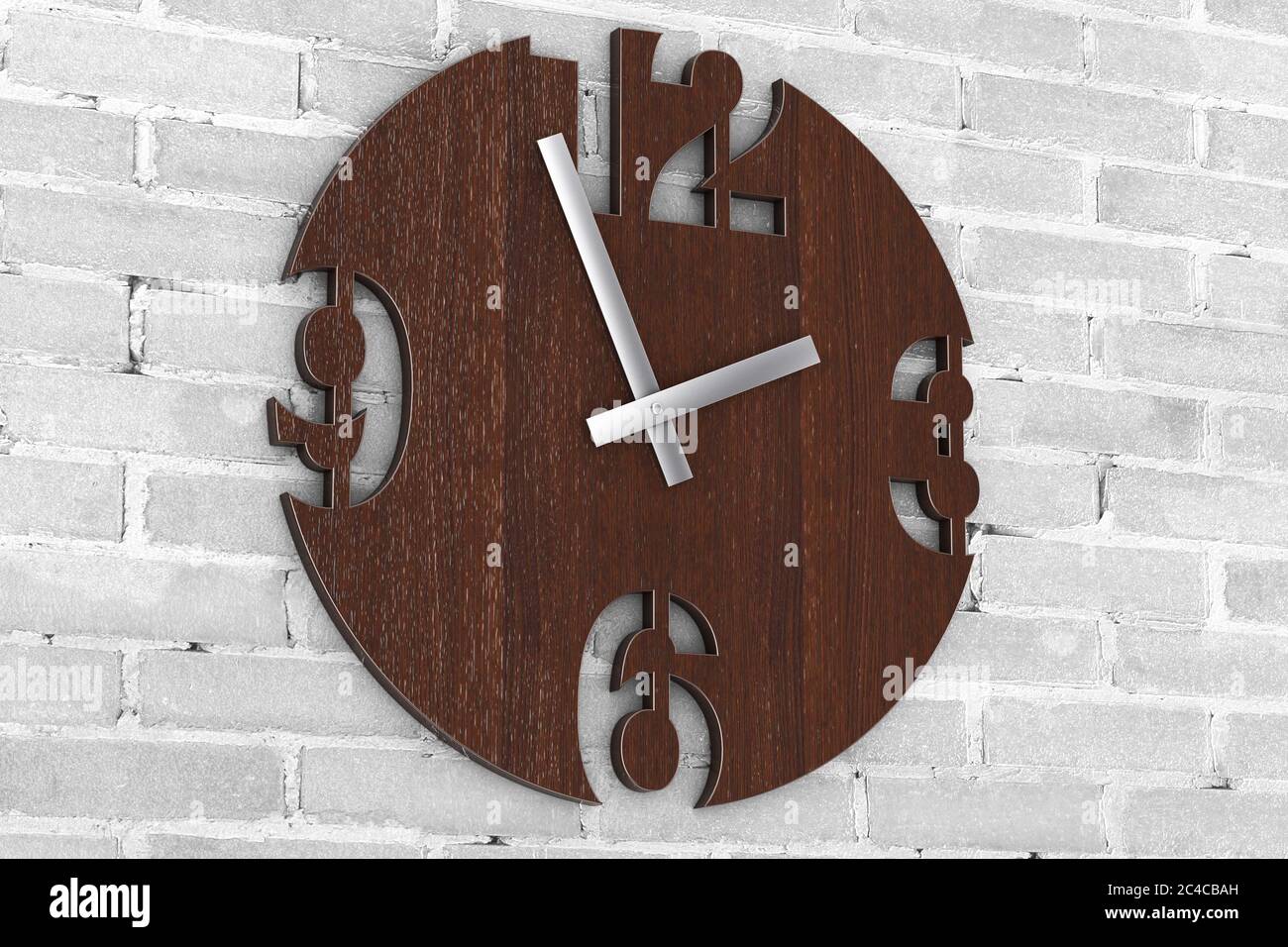 Modern Wall Wooden Circle Clock Watch on a brick wall background. 3d ...