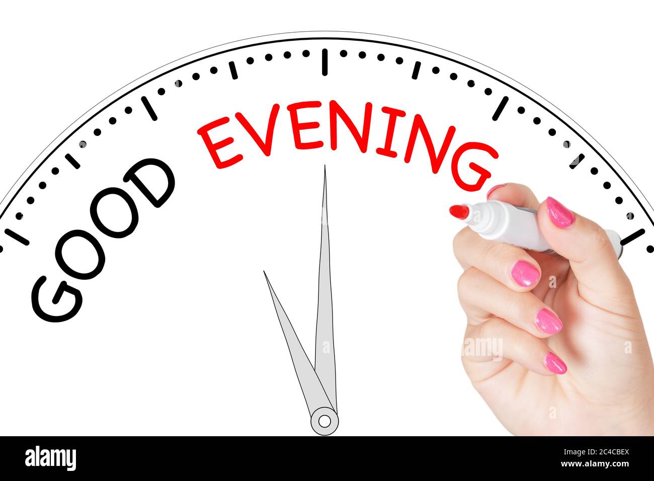 Woman Hand Writing Good Evening Message with Red Marker on Transparent ...