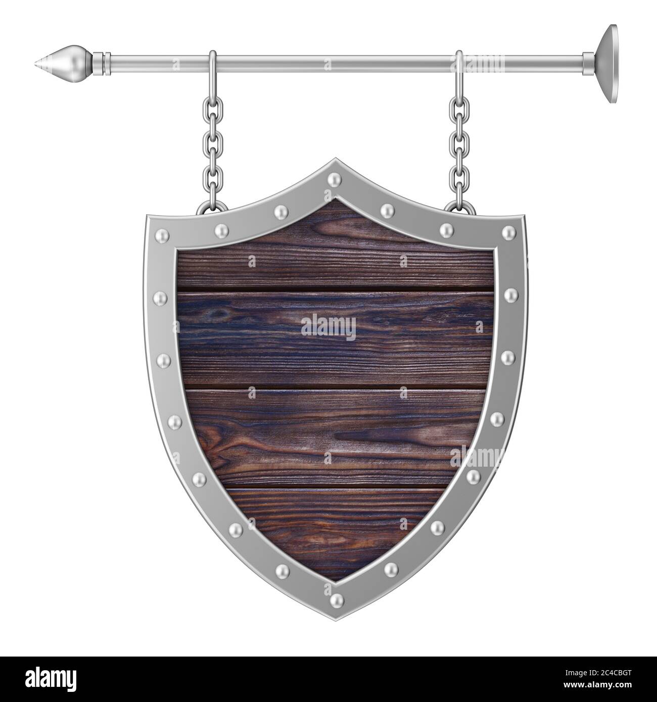 Shield Shaped Rusty Wooden Signboard with Chains on a white background ...
