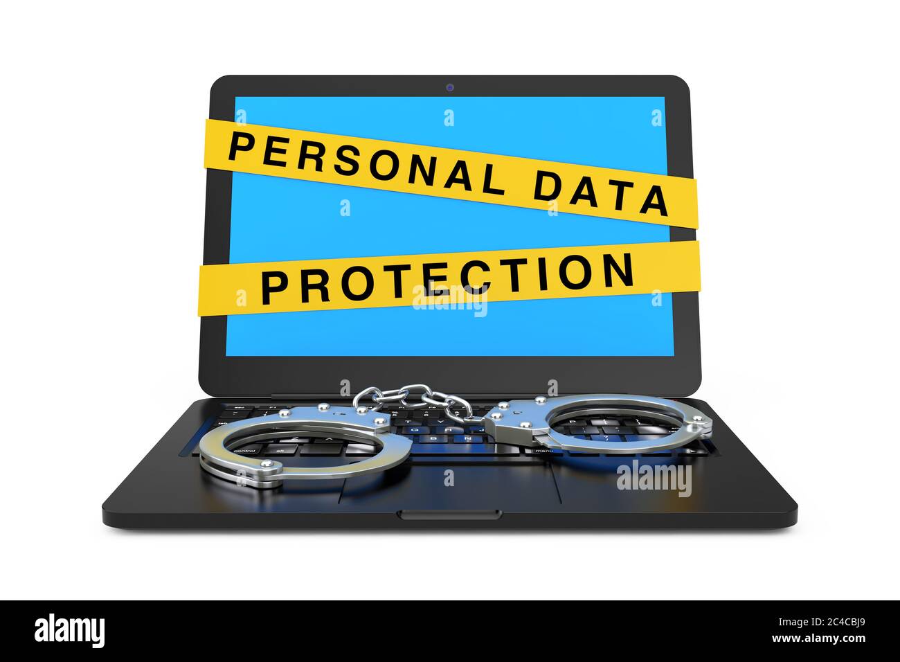 Laptop with Handcuffs and Personal Data Protection Tape Sign on a white ...