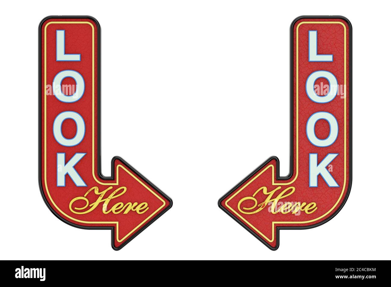 Vintage Rusty Metal Look Here Arrow Sign on a white background. 3d ...