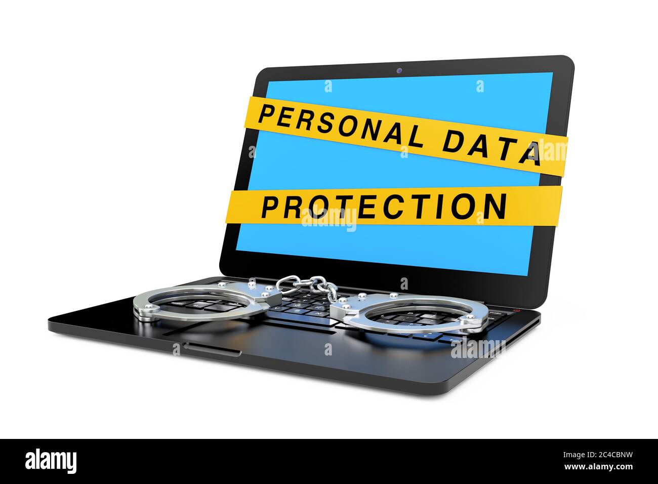 Laptop with Handcuffs and Personal Data Protection Tape Sign on a white ...