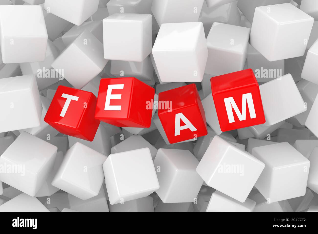 Red Team Cubes in Heap of White Blank Cubes extreme closeup. 3d ...