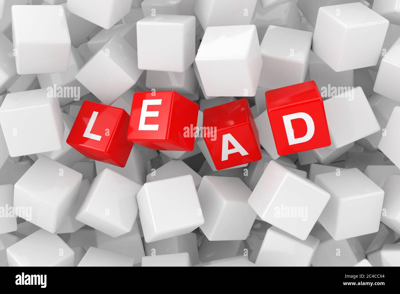 Red Lead Cubes in Heap of White Blank Cubes extreme closeup. 3d ...