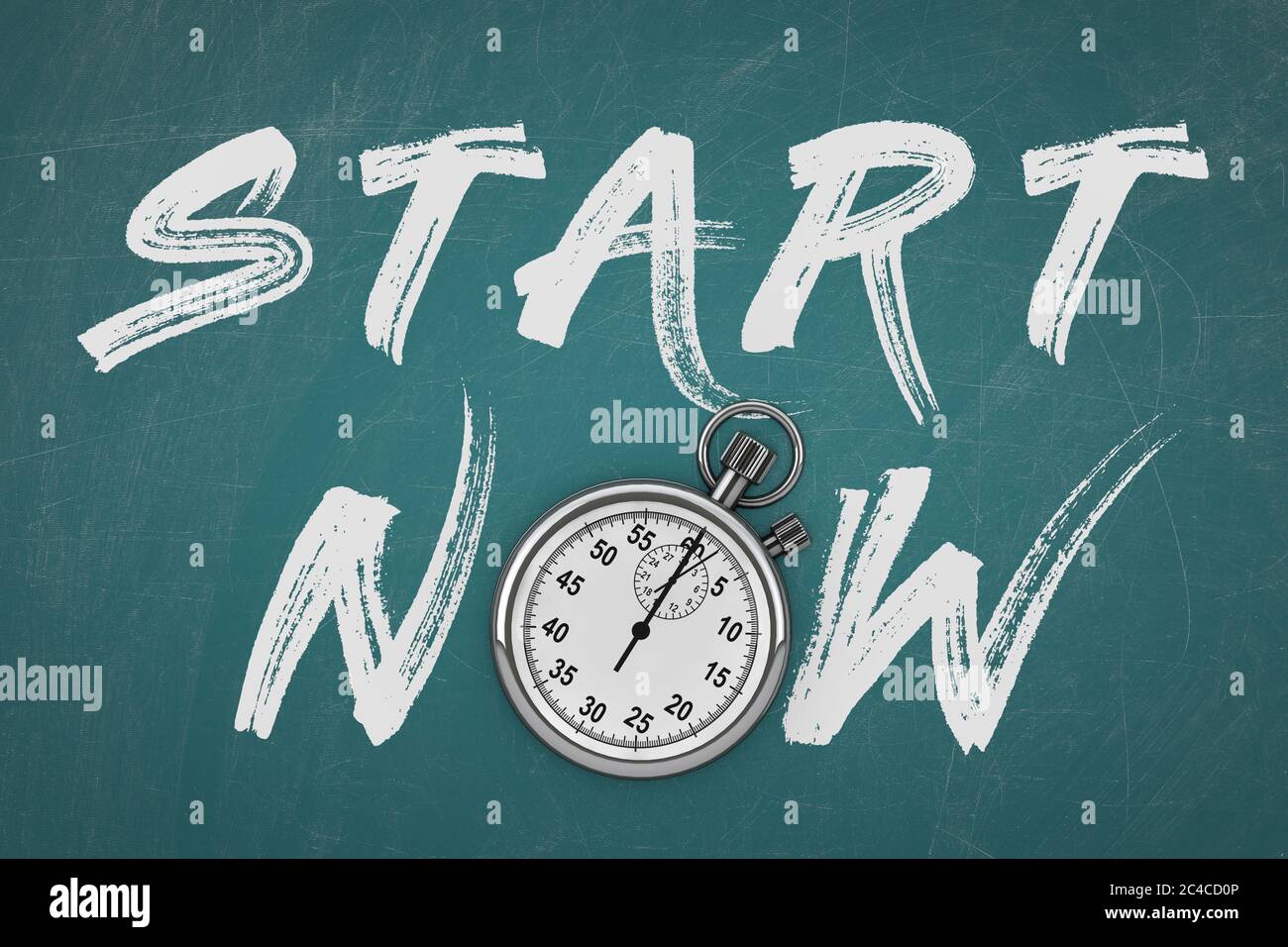 Stopwatch with Start Now Sign on a chalkboard background. 3d Rendering ...
