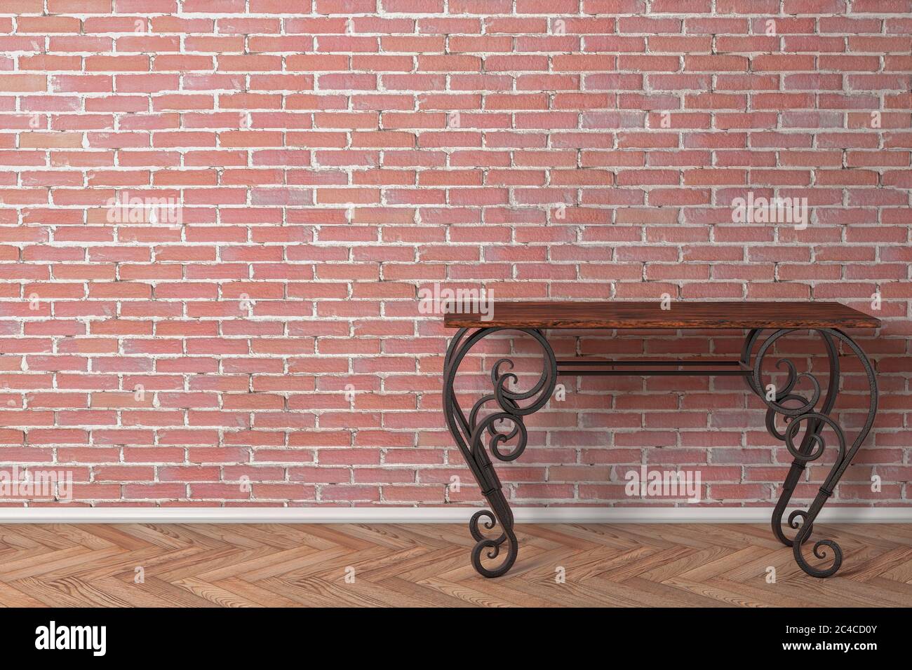 Vintage Classic Wooden Table with Iron Legs in front of red brick wall ...