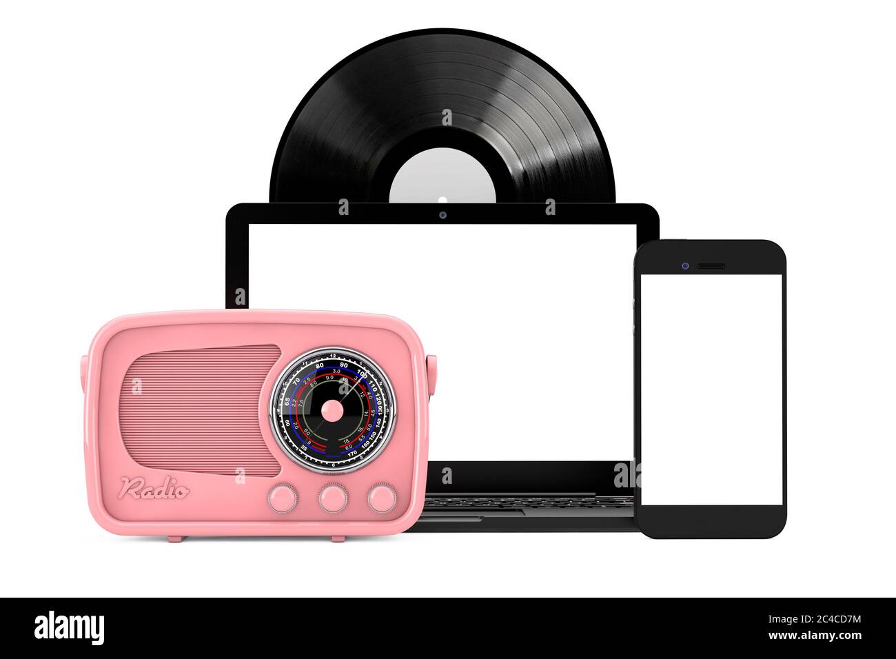 Retro Radio, Vintage Vinyl Record Disk Mobile Phone and Laptop on a ...