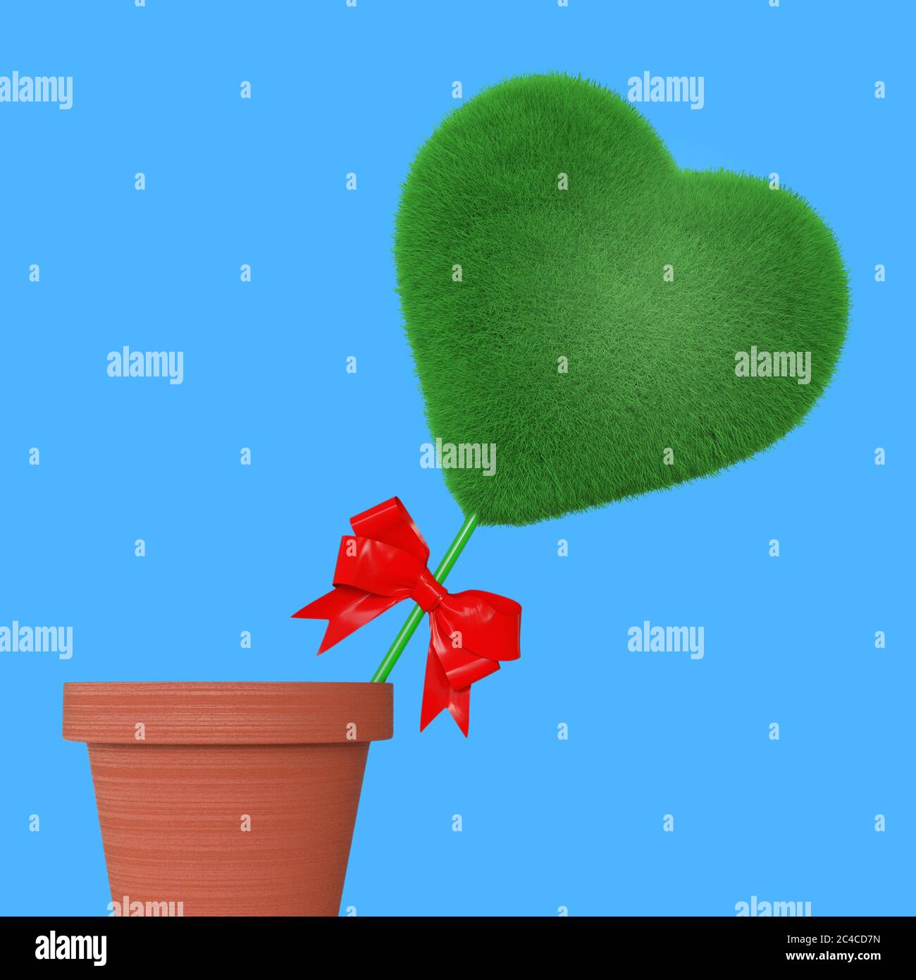 Green Grass Heart with Red Ribbon in Flowers Pot on a Blue background ...