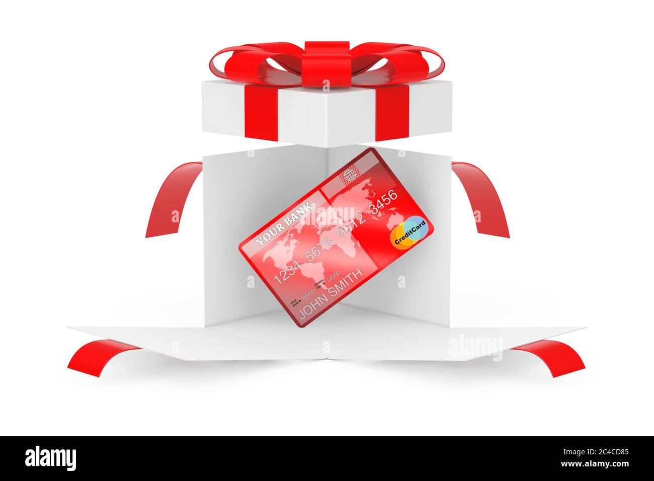 Credit Card in Opened Surprise White Gift Box with Red Ribbon and Bow ...