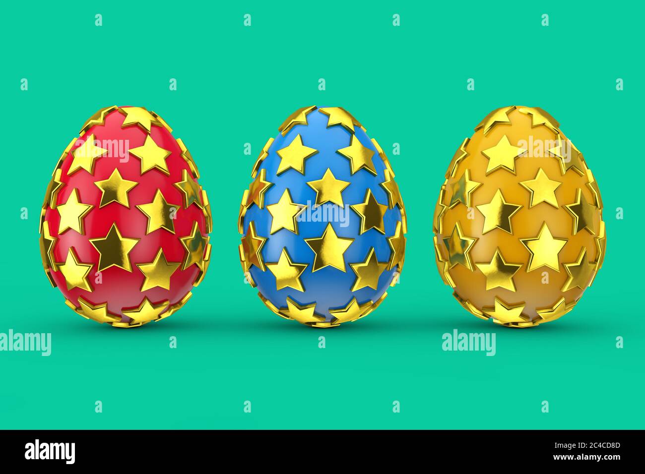 Red, Blue and Yellow Easter Eggs with Golden Stars on a green ...