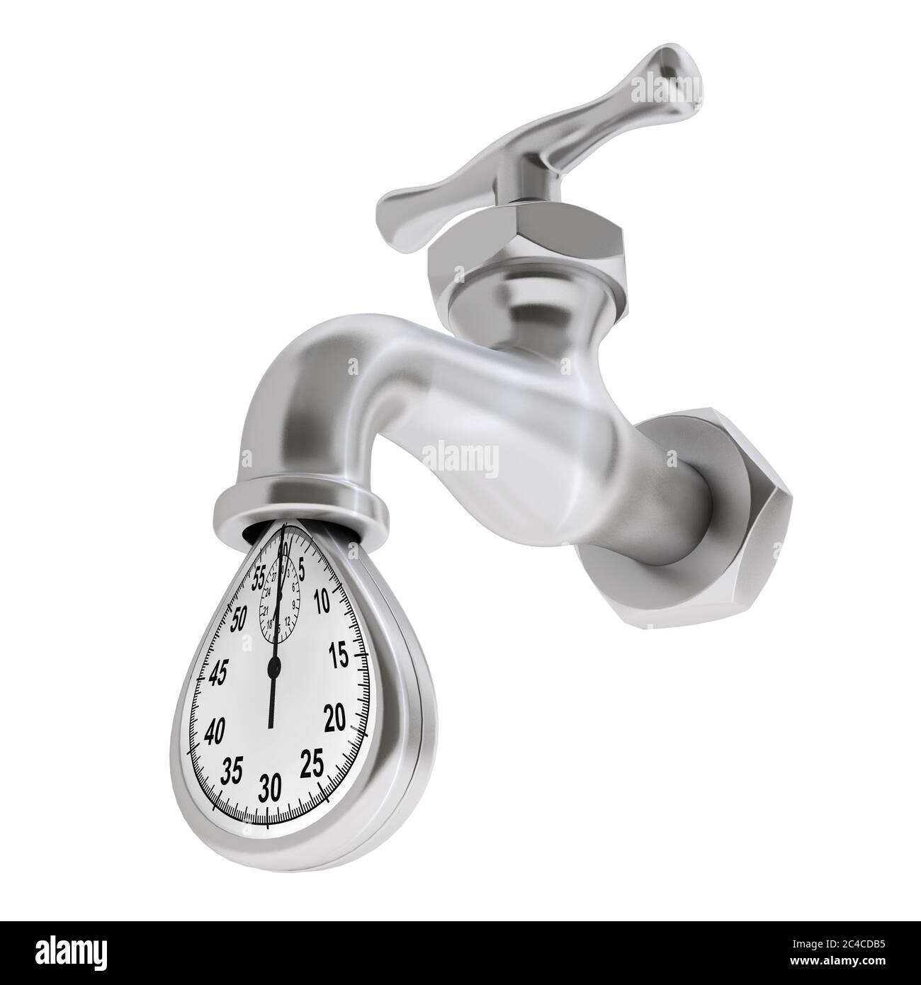 Time Waste Concept. Water Tap with Falling Drop of Stopwatch on a white ...