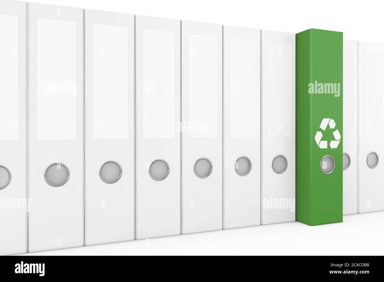 Row of White Binders Folders and Green One with Recycle Sign on a white ...