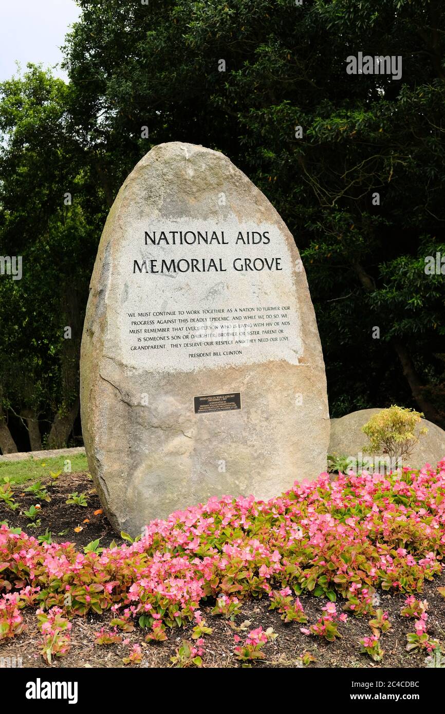 Engraved stone at the entrance Sign to the National Aids Memorial Grove ...