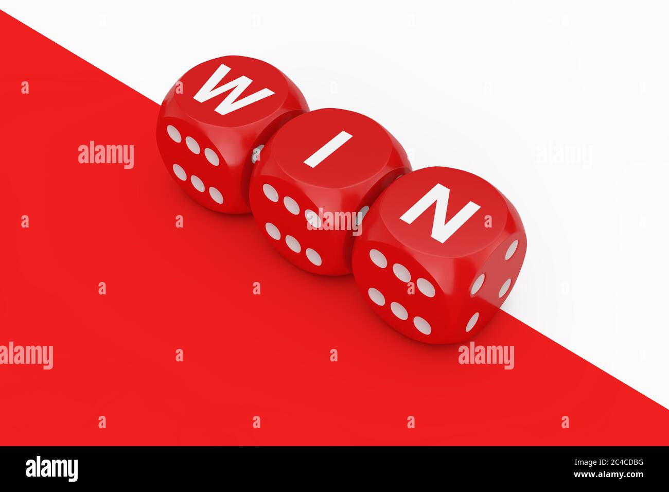 Red Win Dice Cubes on a white and red background. 3d Rendering Stock ...