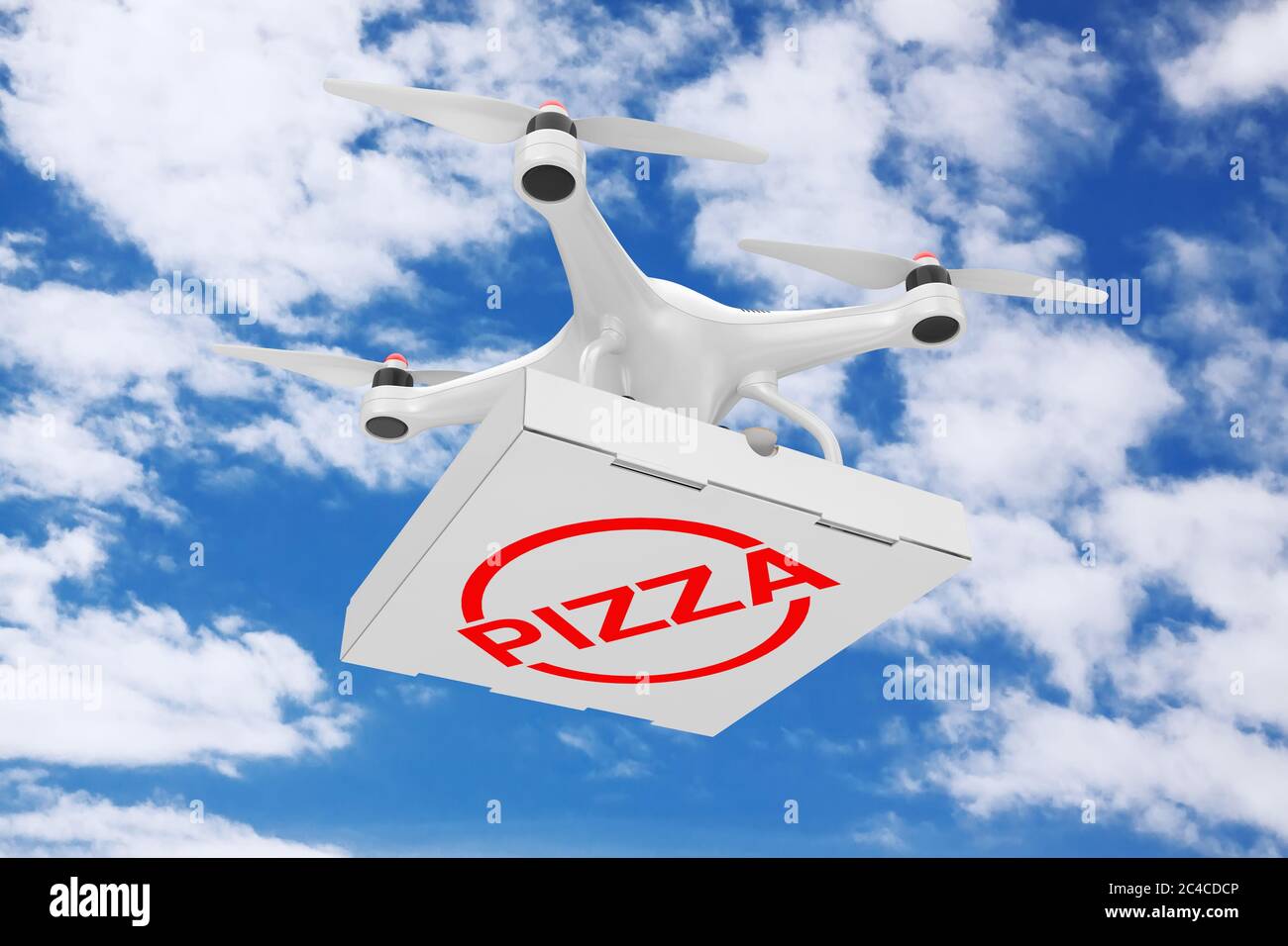 Air Drone Delivering Pizza Box on a blue sky background. 3d Rendering ...