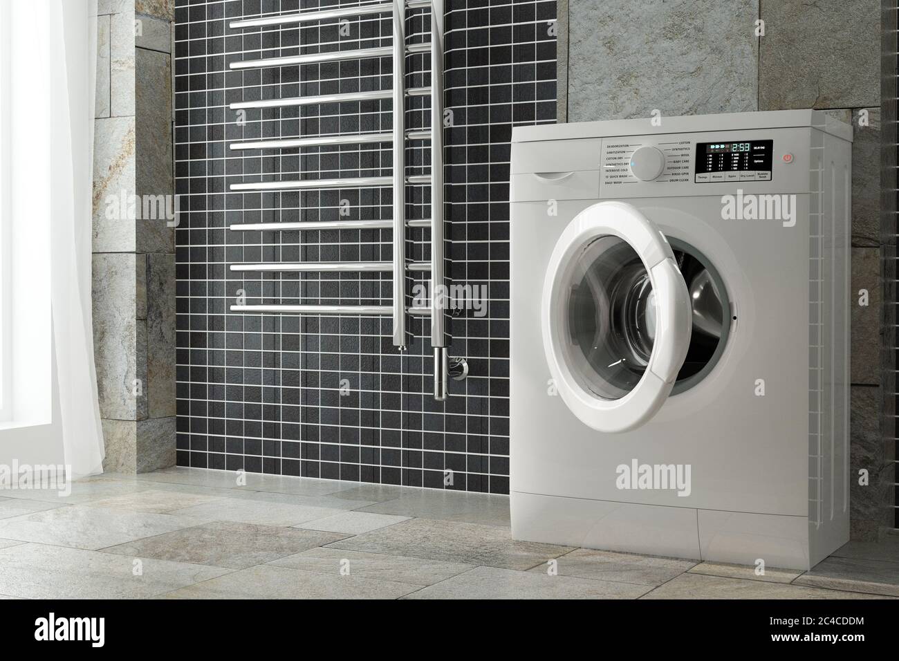 Modern White Washing Machine in Bathroom Interior extreme closeup. 3d ...