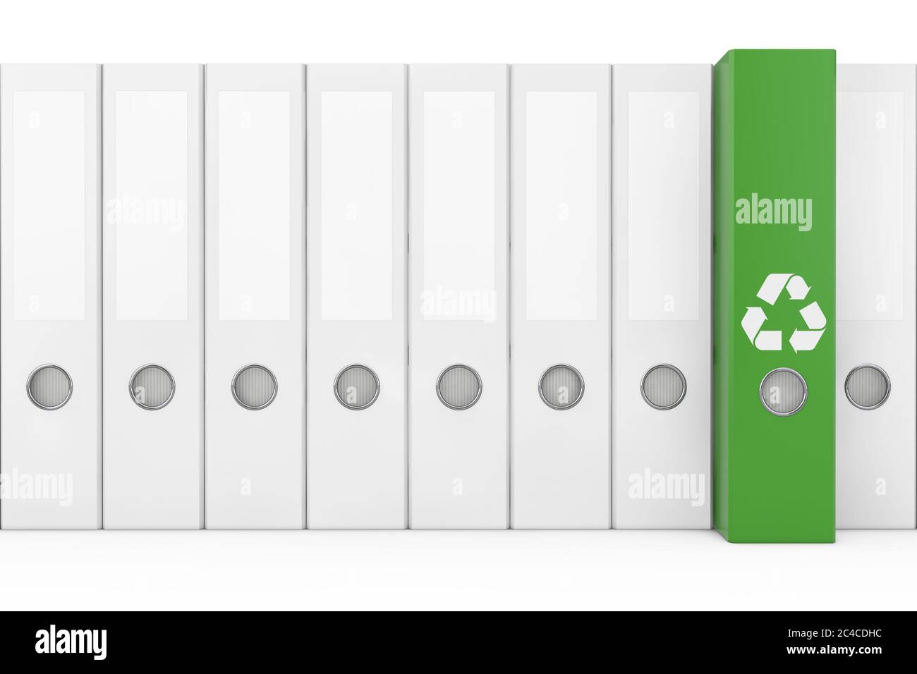 Row of White Binders Folders and Green One with Recycle Sign on a white ...