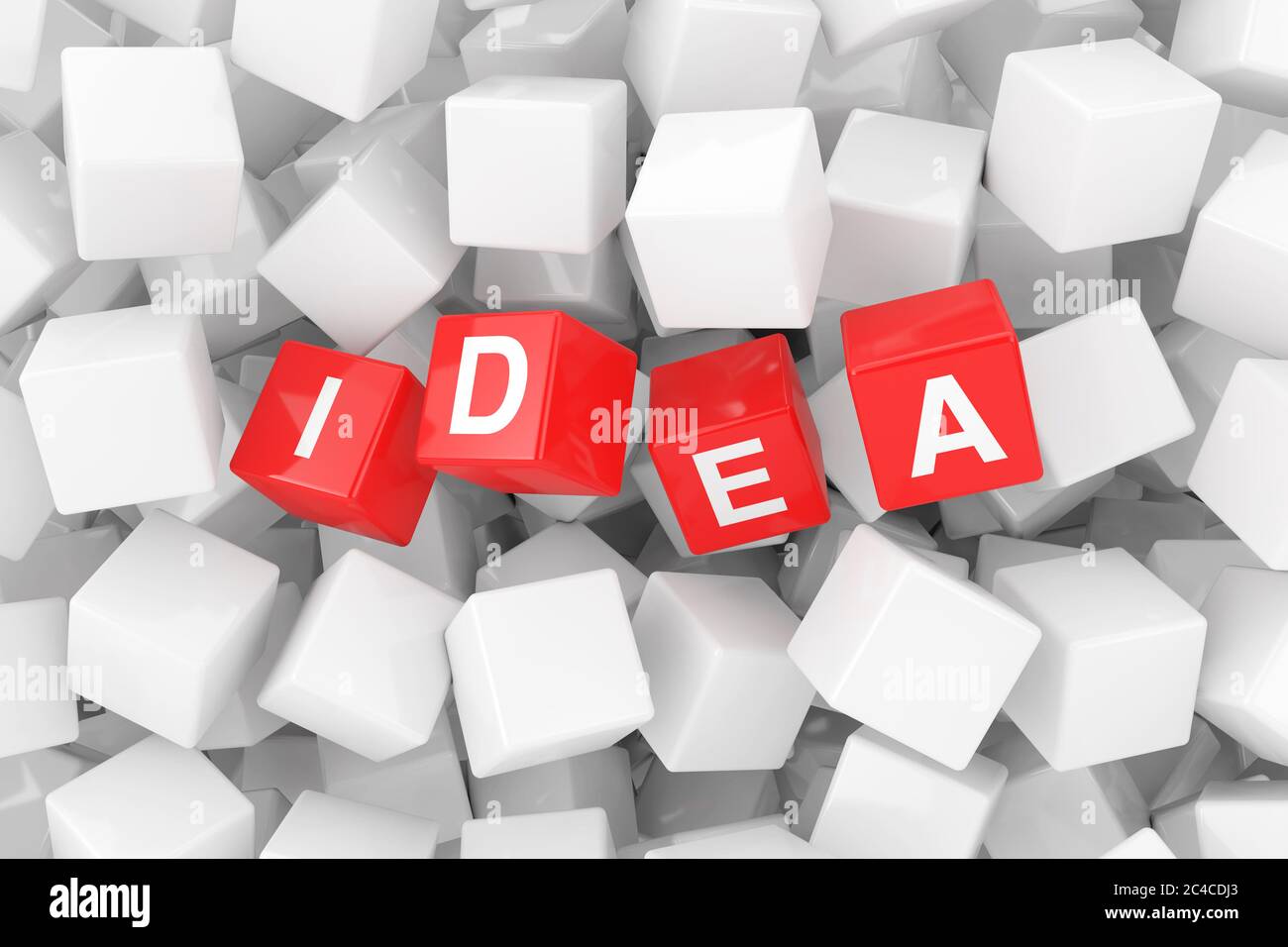 Red Idea Cubes in Heap of White Blank Cubes extreme closeup. 3d ...