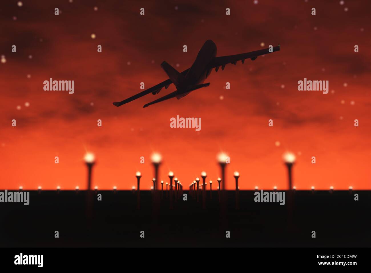 Passenger Airplane Fly Up over Take Off Runway from Airport on a night ...