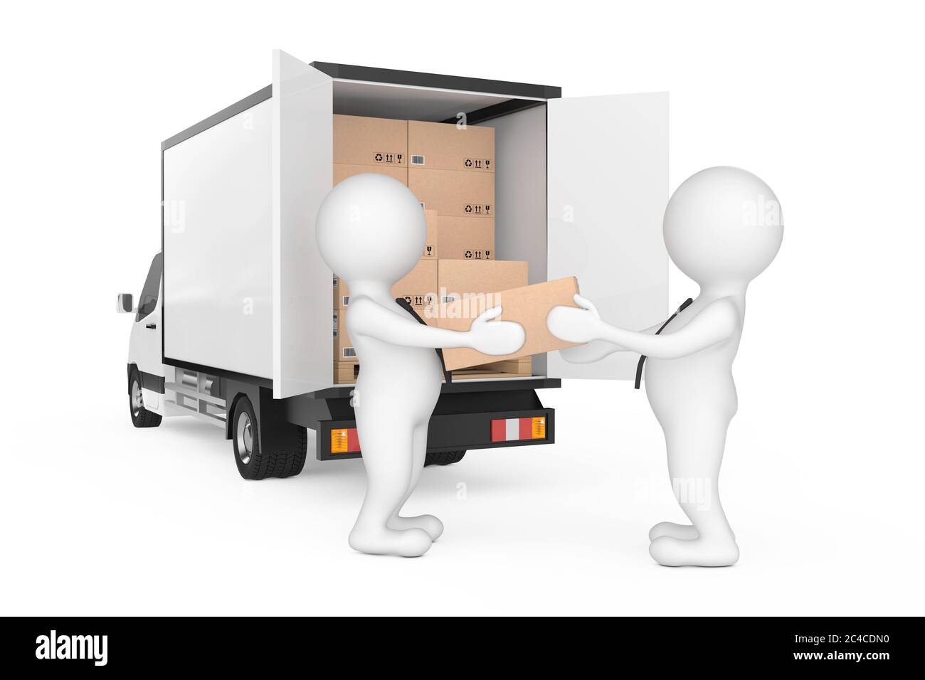 Delivery Men Persons Unloading Cardboard Parcel Boxes from Cargo Van ...
