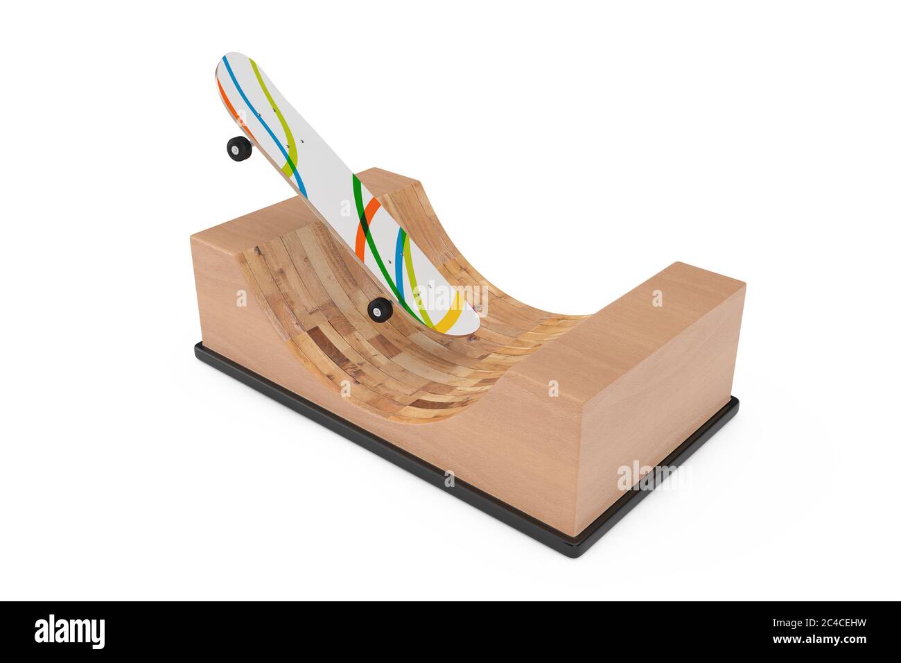 Modern Skateboard with Wooden Halfpipe Ramp on a white background. 3d ...