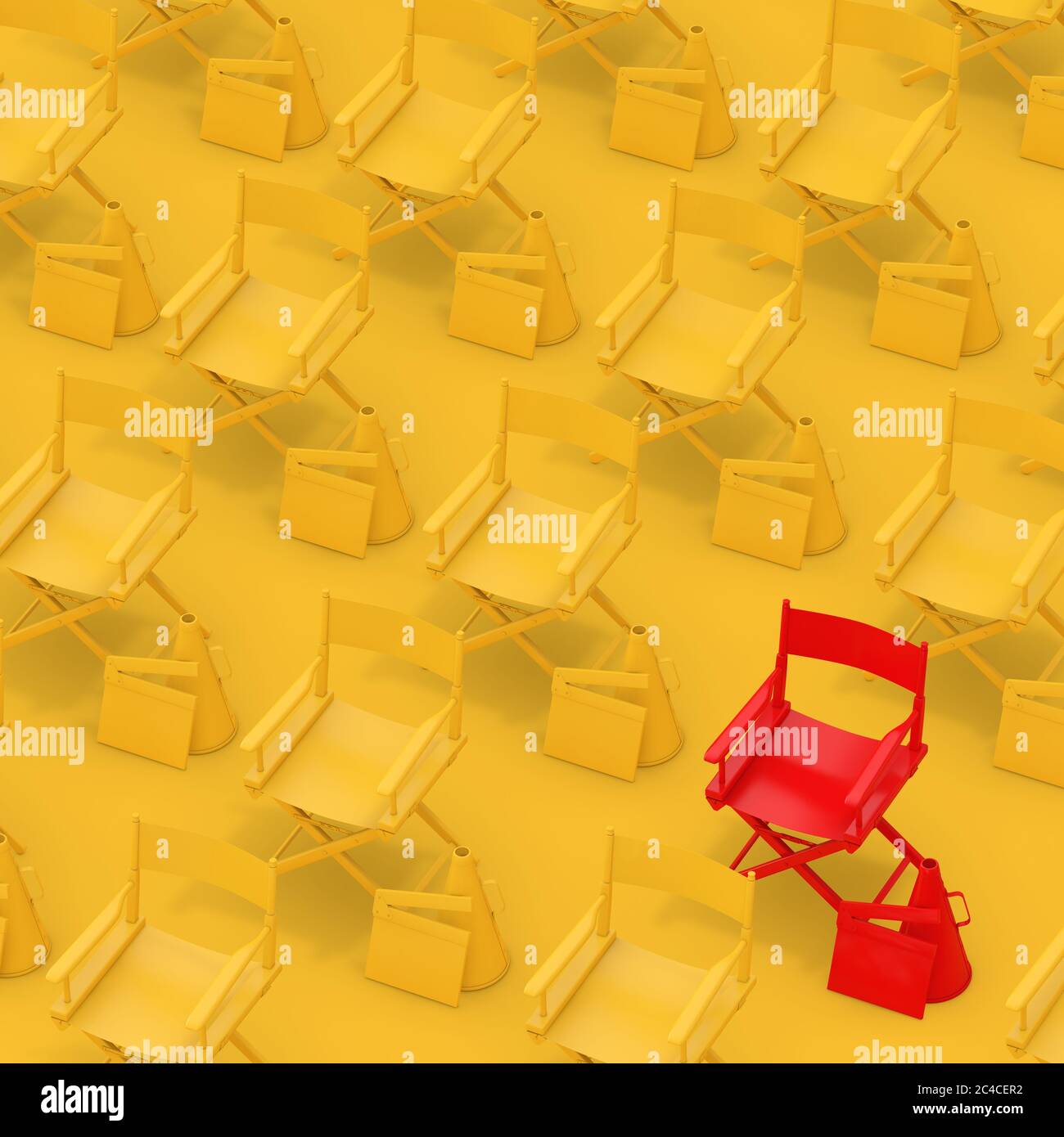 Rows of Yellow Director Chairs with Red One with Clapboards and ...