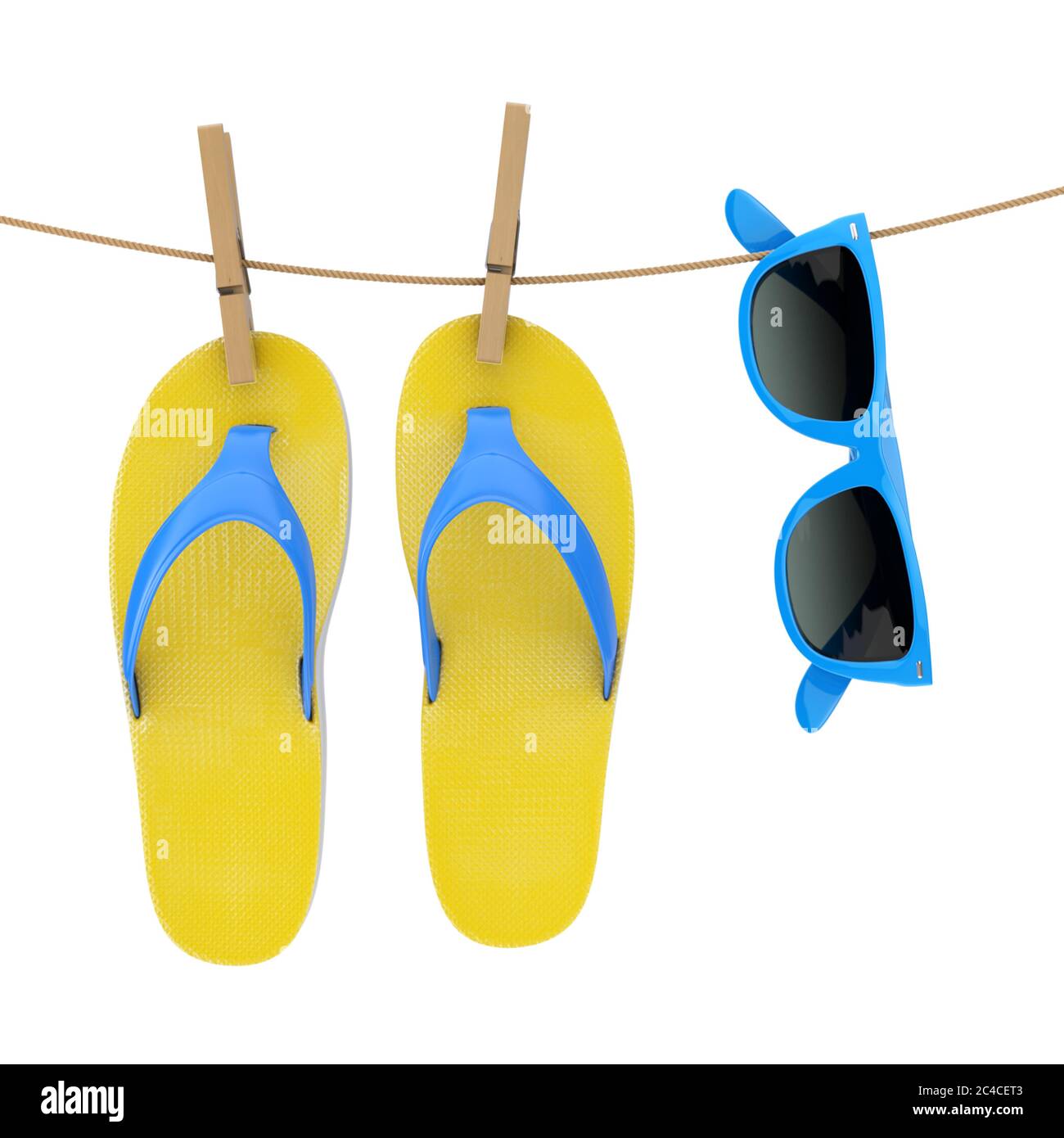 Colorful Modern Flip Flops with Blue Sunglasses Hanging on Clothesline ...