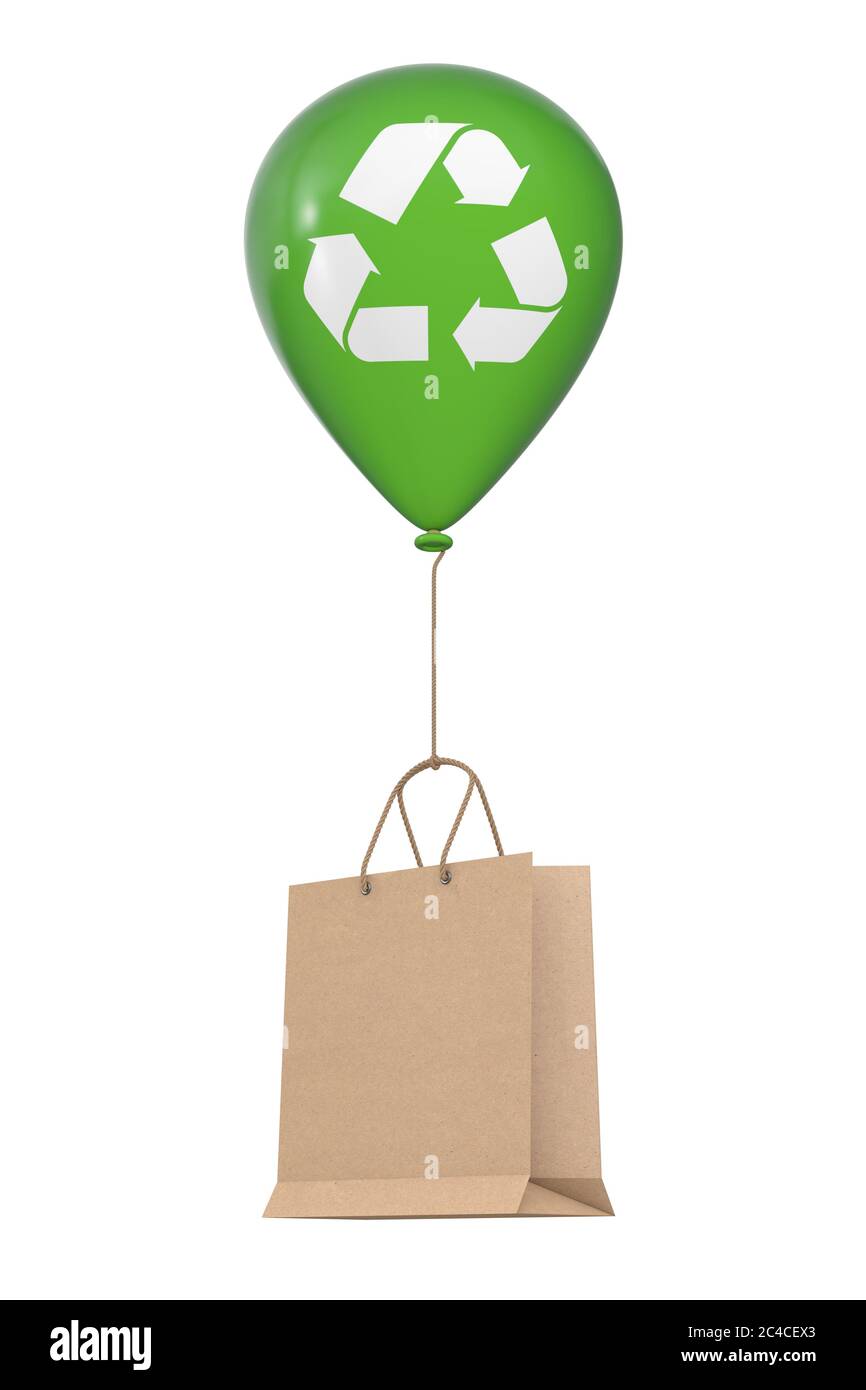 Brown Recycled Paper Shopping Bag Floating with Green Hellium Balloon ...