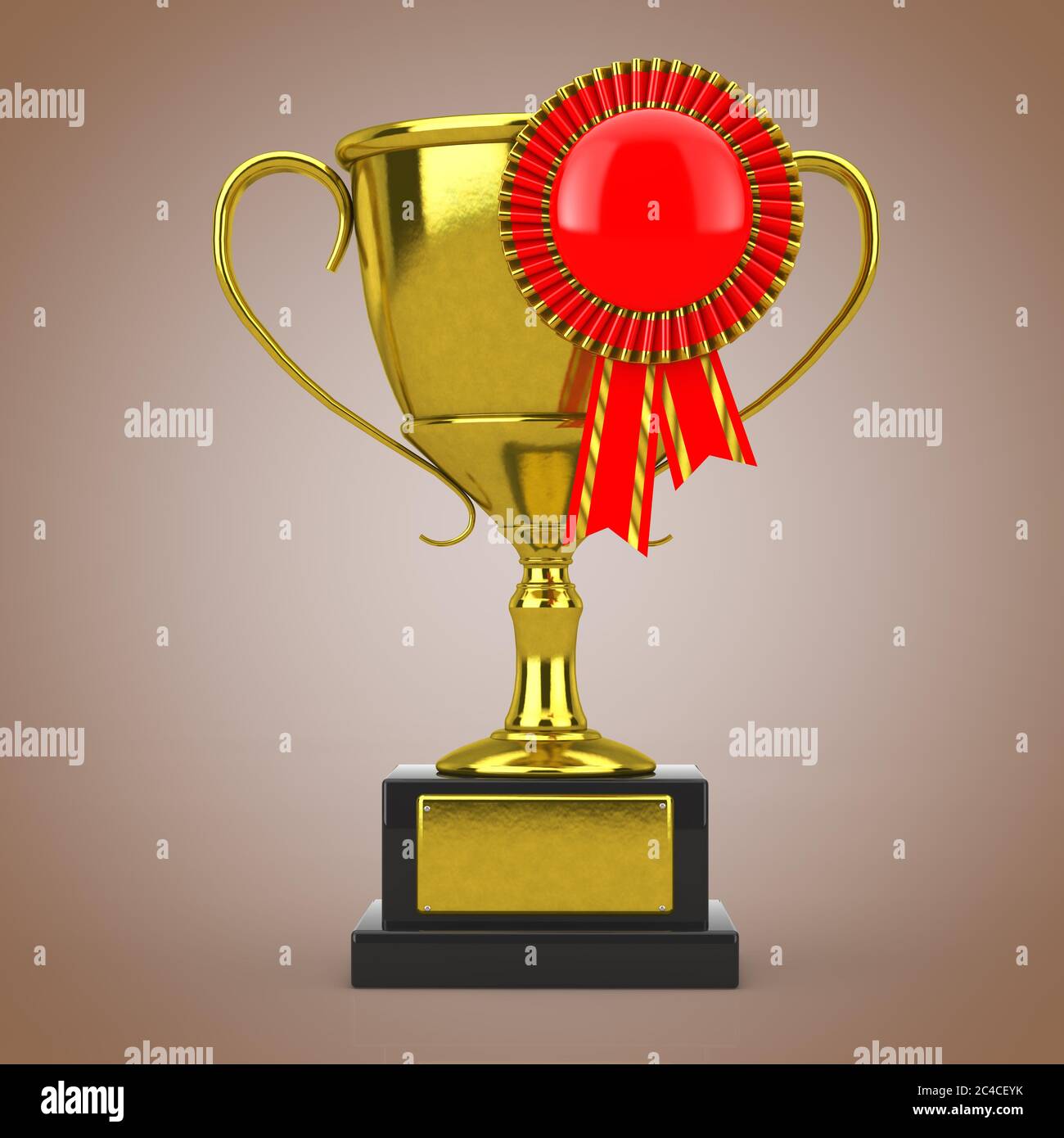 Golden Award Trophy with Red Blank Award Ribbon Rosette on a brown ...