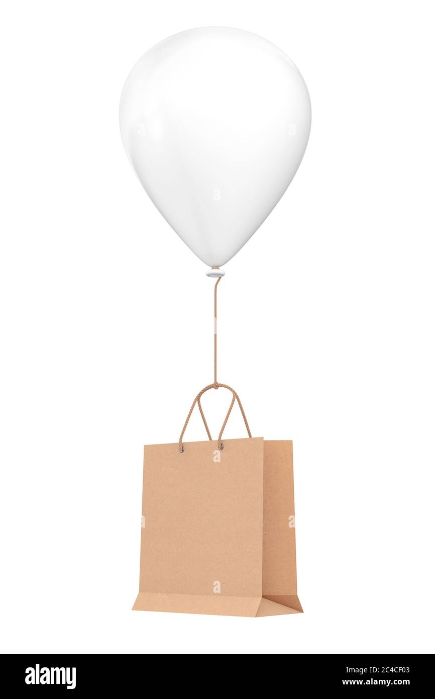Brown Recycled Paper Shopping Bag Floating with White Hellium Balloon ...