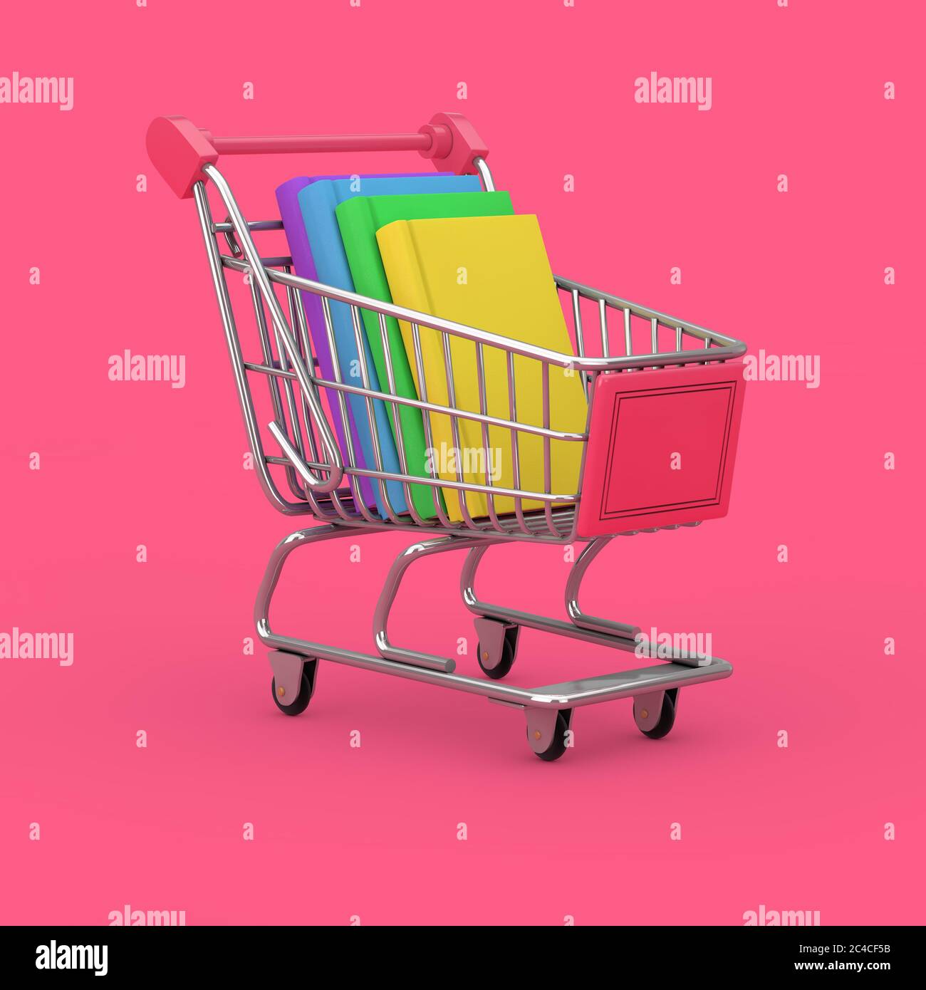 Buying of Books Concept. Shopping Cart with Stack of Books on a pink ...