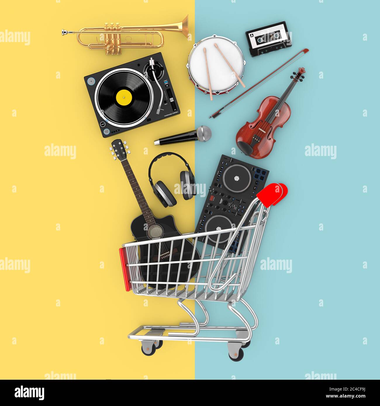 Many Musical Instruments Falling in Shopping Cart on a yellow and blue ...