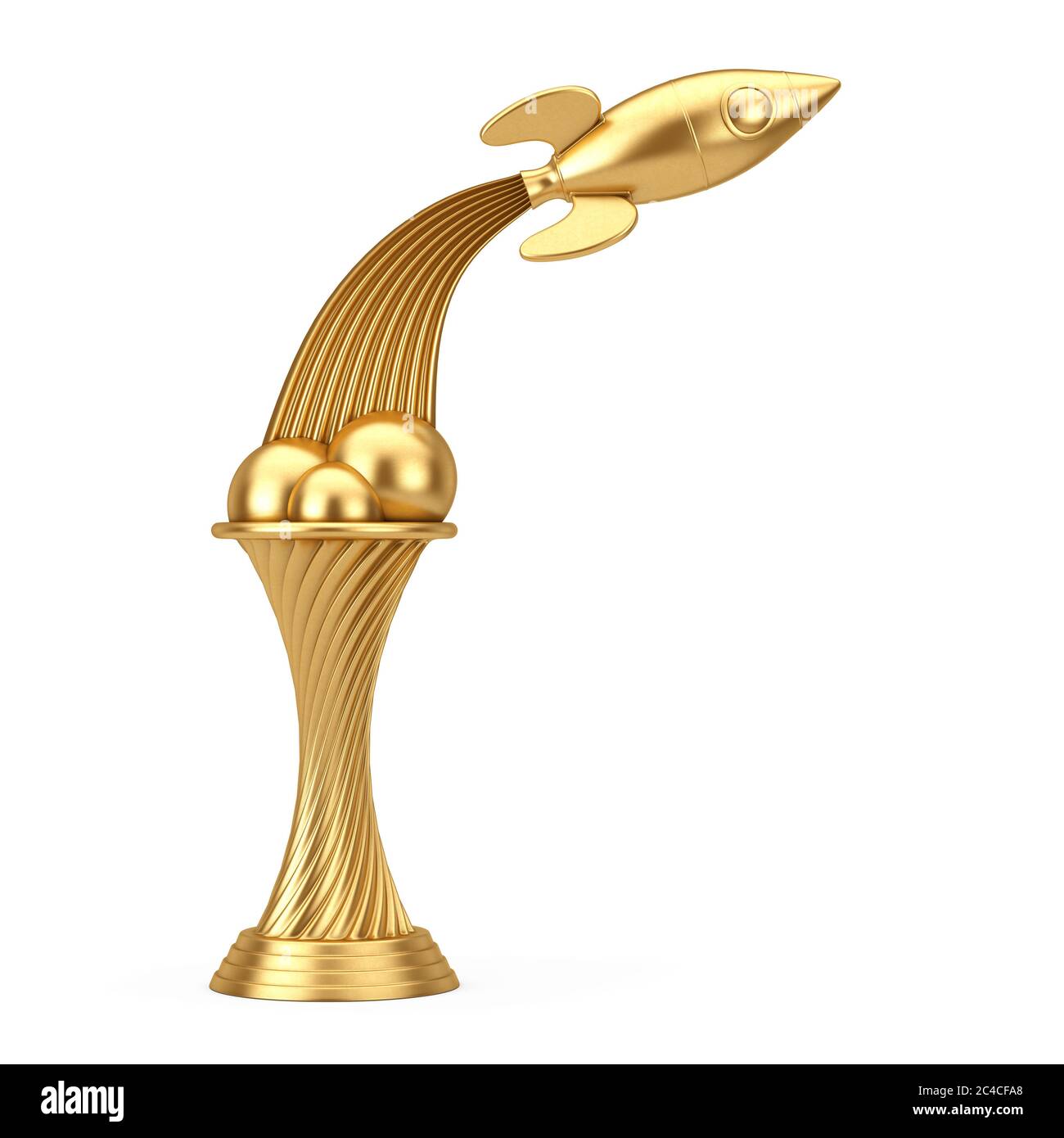 Space Exploration Concept. Golden Award Trophy Fly Up Rocket on a white ...