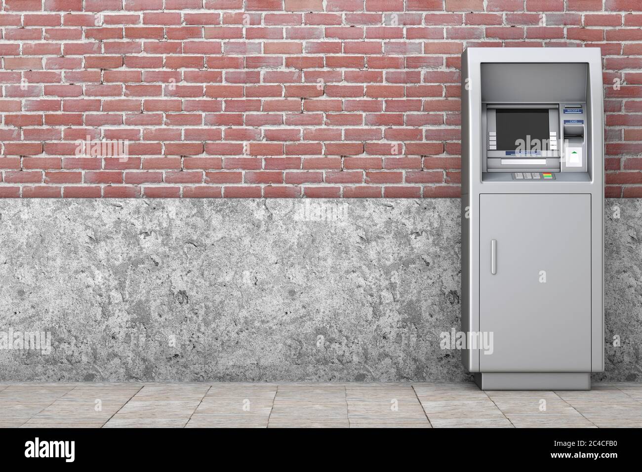 Bank Cash ATM Machine in front of brick wall. 3d Rendering Stock Photo - Alamy