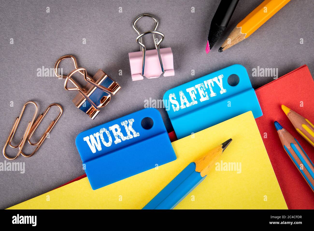 WORK SAFETY concept. Folder Register of Card Index. Colored pencils and ...