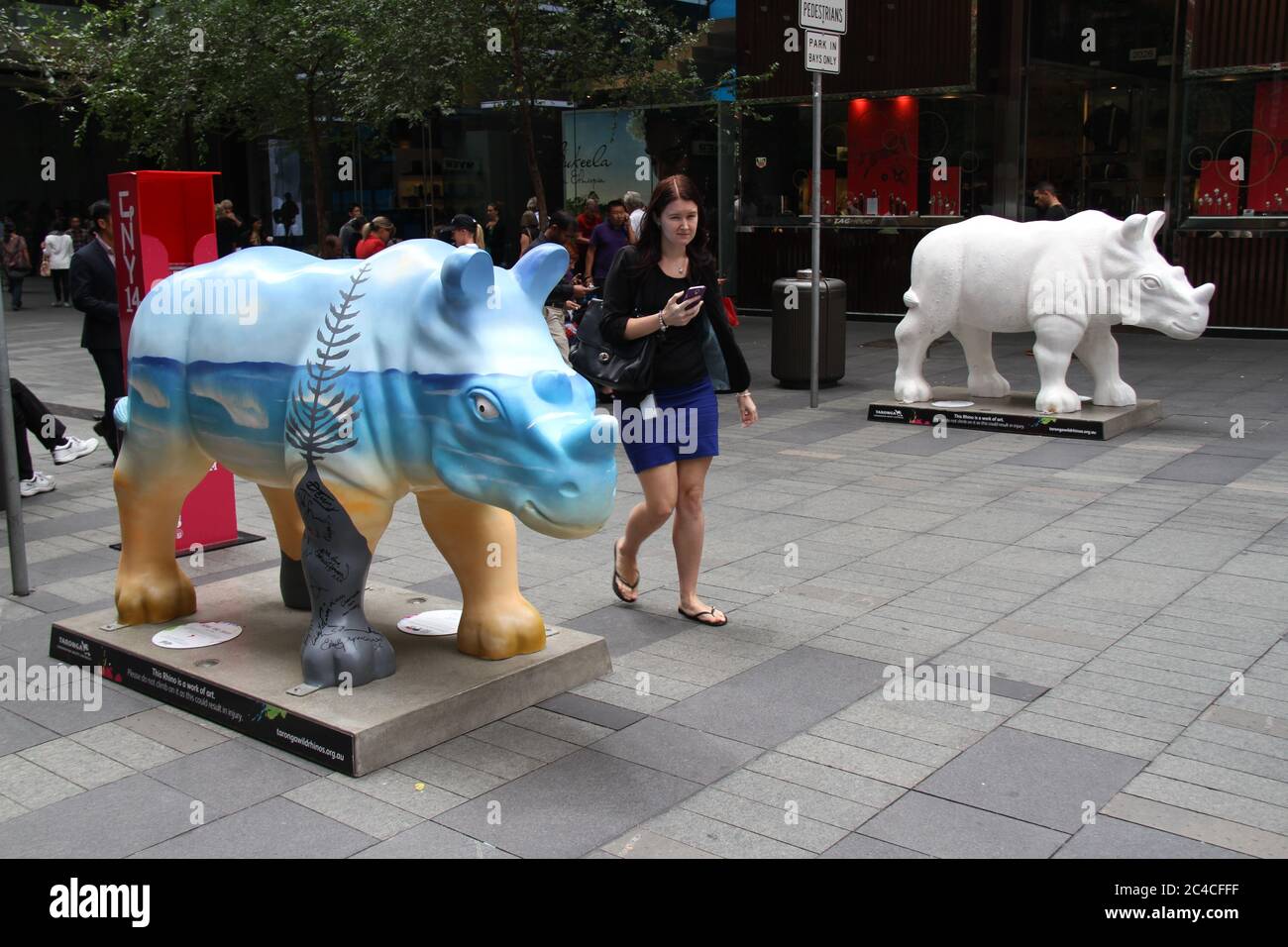 Two rhino sculptures at Pitt Street Mall: ‘Home and Away’ sponsored by ...