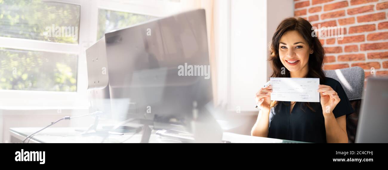 Women Holding Payroll Check With Salary. Paycheck Insurance Stock Photo ...