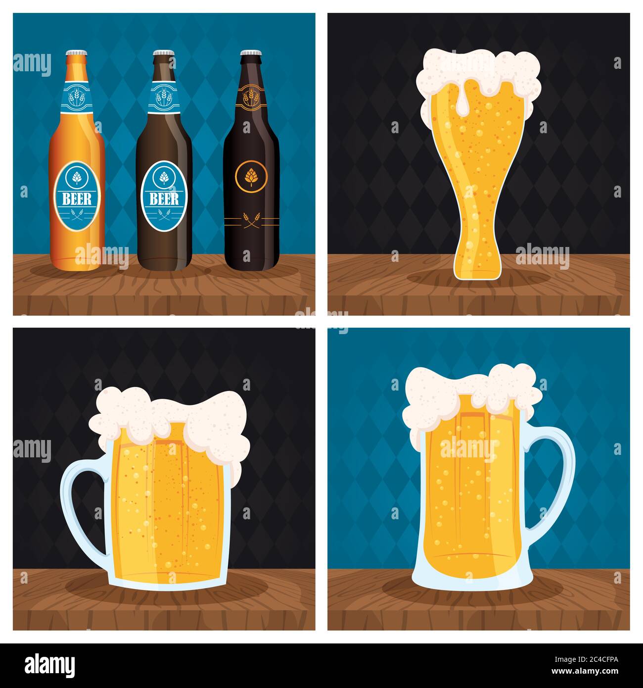 Beer day celebration event with bottles and jars vector illustration ...