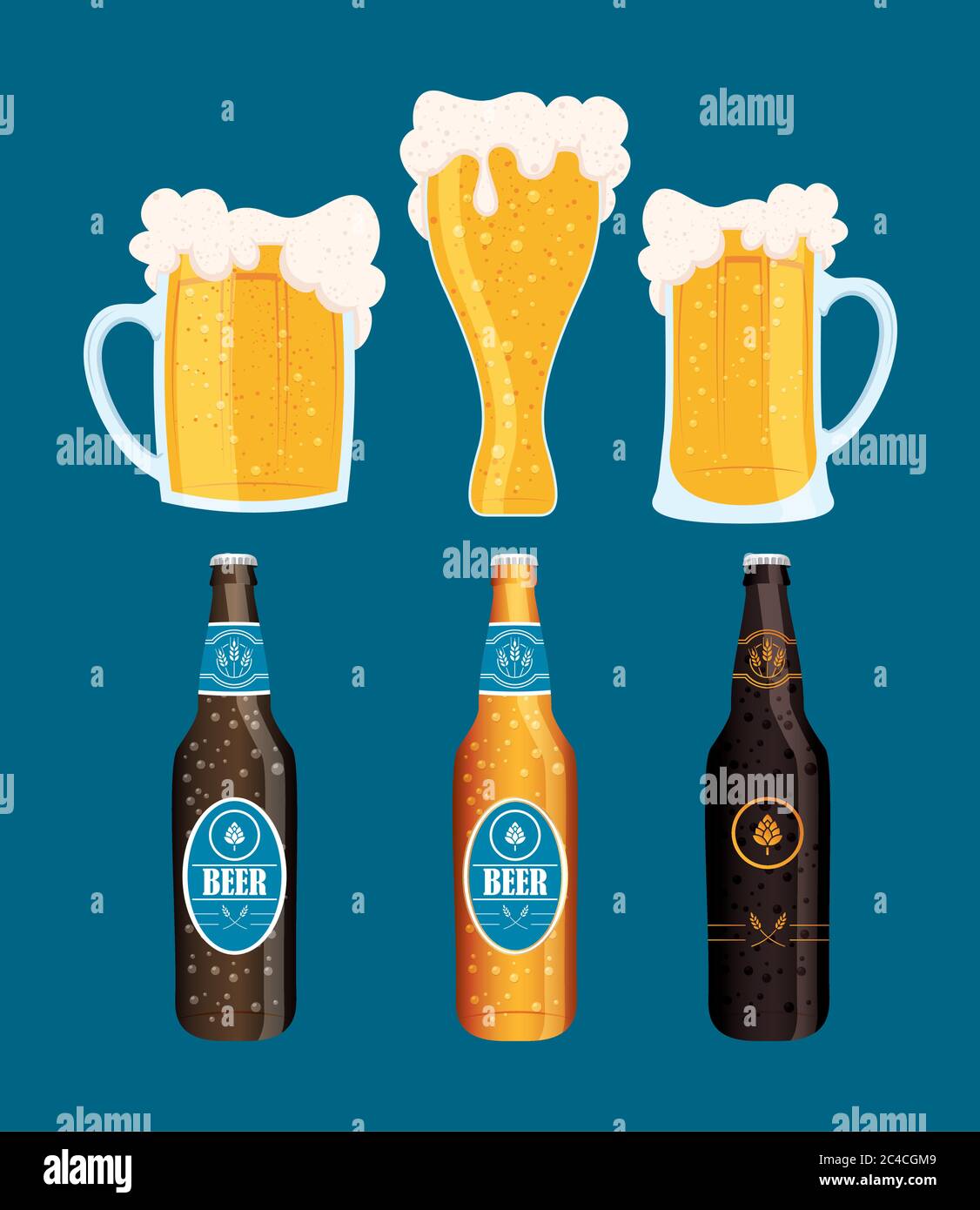 Beer day celebration event with bottles and jars vector illustration ...