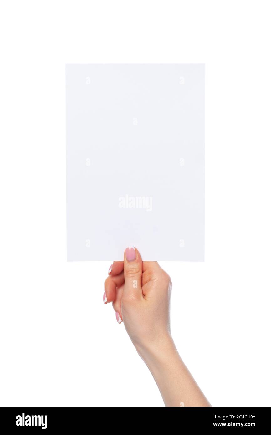 Female hand holding blank white sheet of paper isolated on white Stock ...