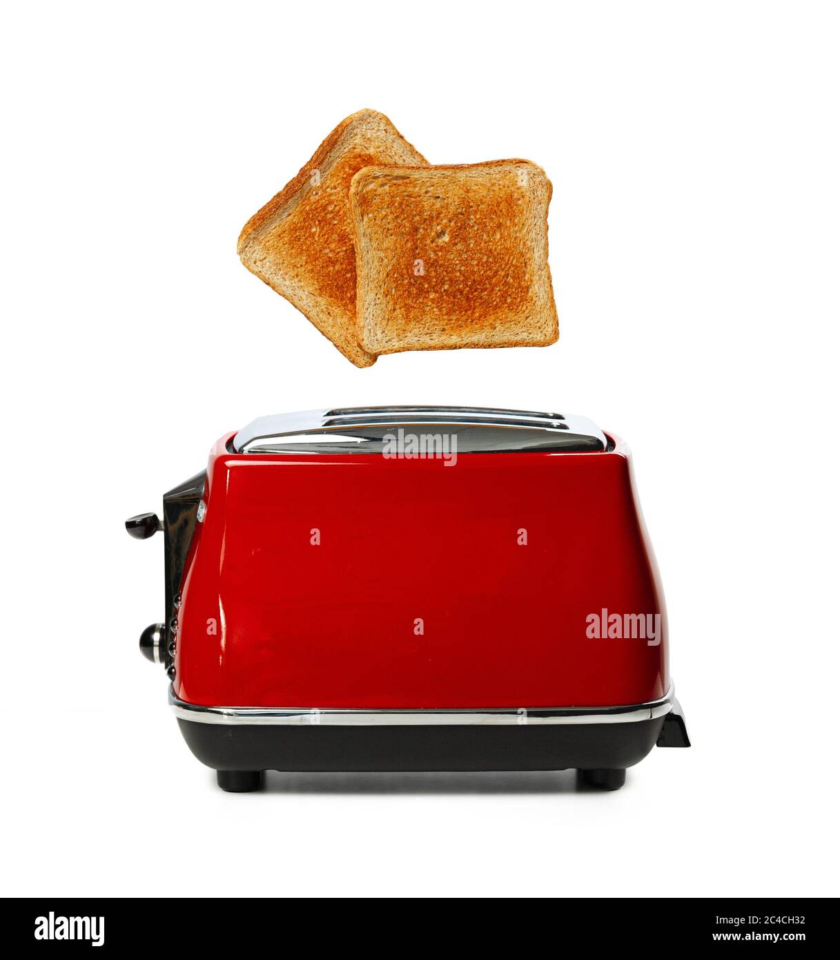 Two toasts jumping out of red toaster against white background Stock ...
