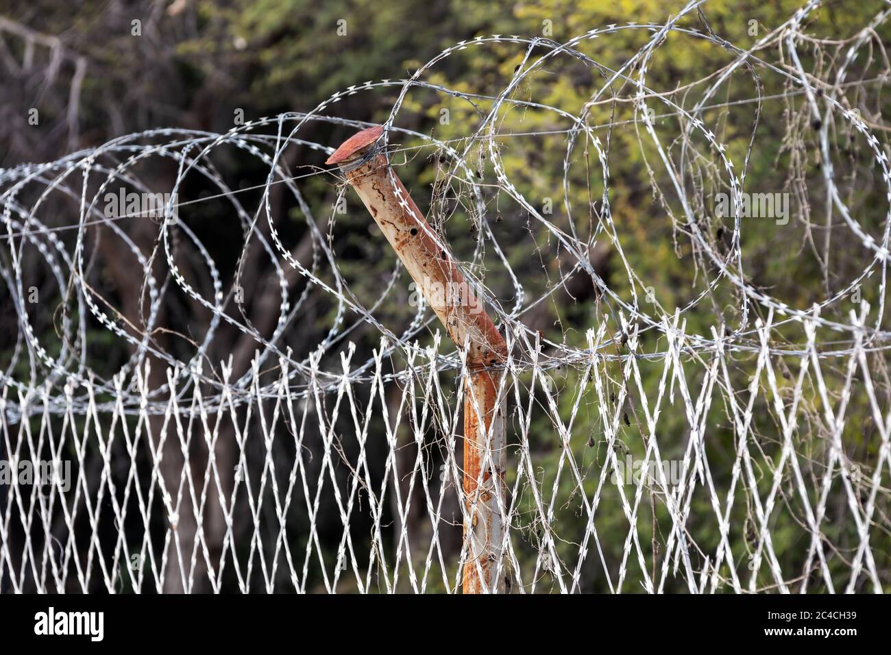 Restricted Area Barbed Fence, security concept, Anti-migrant razor wire ...